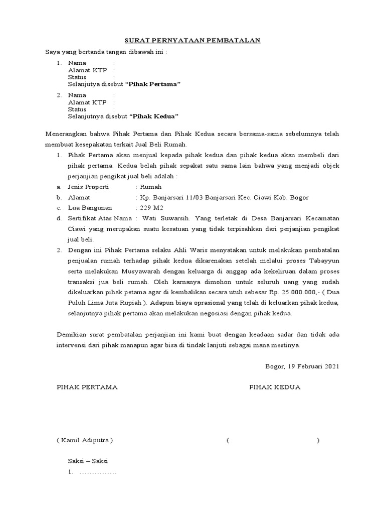 Surat Pernyataan Pembatalan | PDF