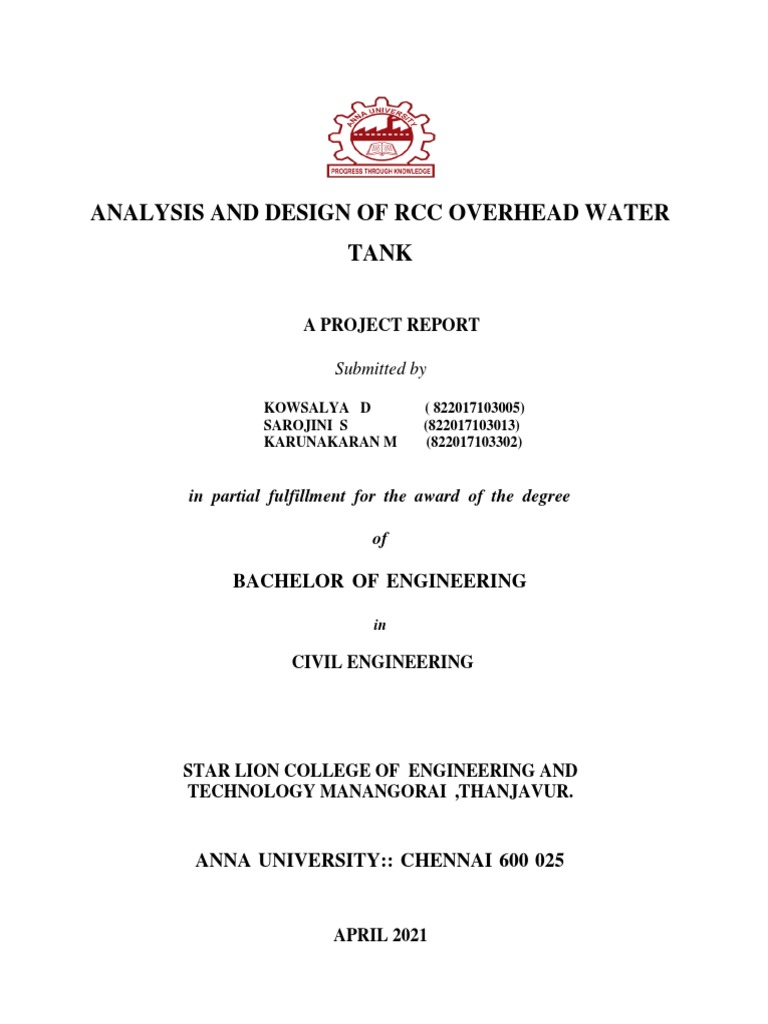 Analysis and Design of RCC Overhead Water Tank: A Project Report | PDF ...