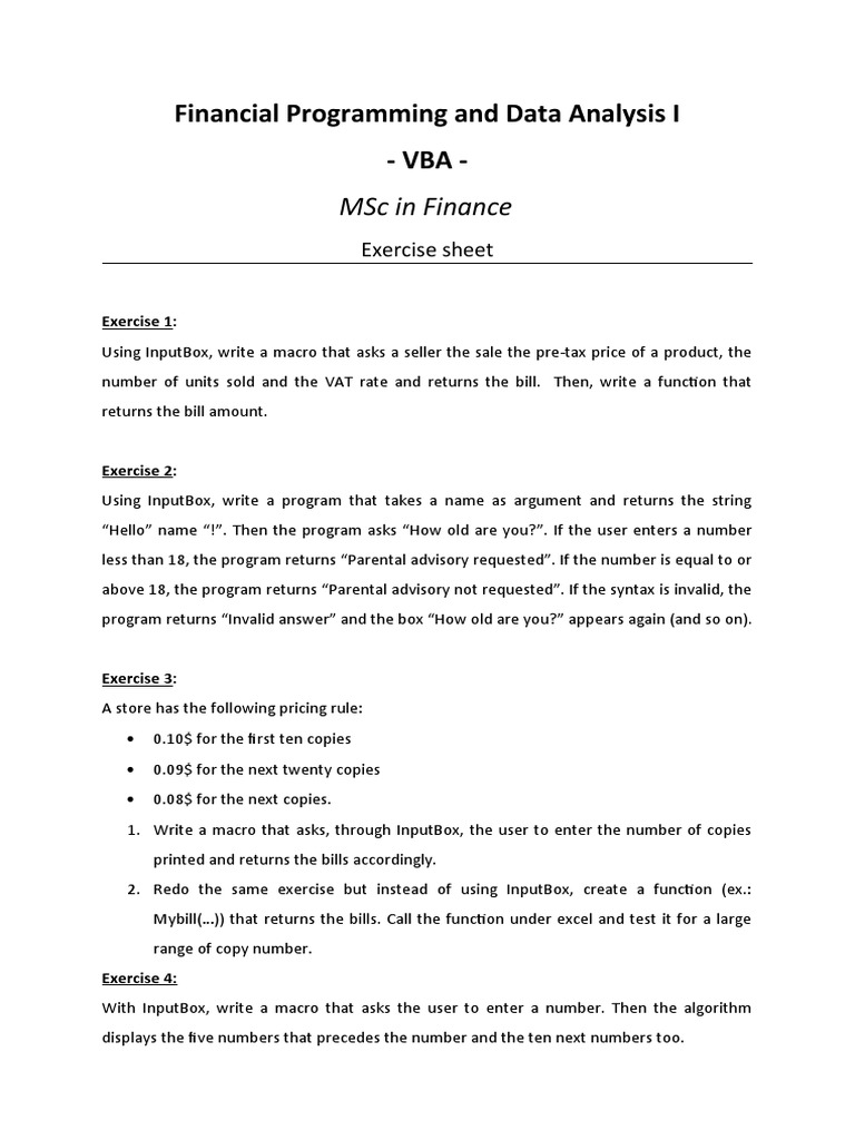 Financial Programming and Data Analysis I - Vba - : MSC in Finance | PDF | Microsoft Excel | Net ...