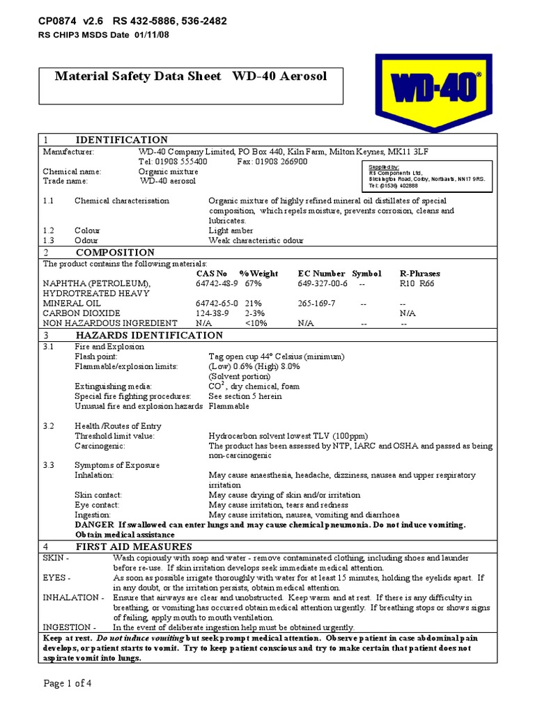 MSDS WD 40 | PDF | First Aid | Waste Management