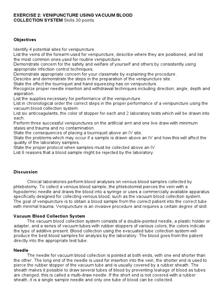 Exercise 2: Venipuncture Using Vacuum Blood COLLECTION SYSTEM Skills 30 ...