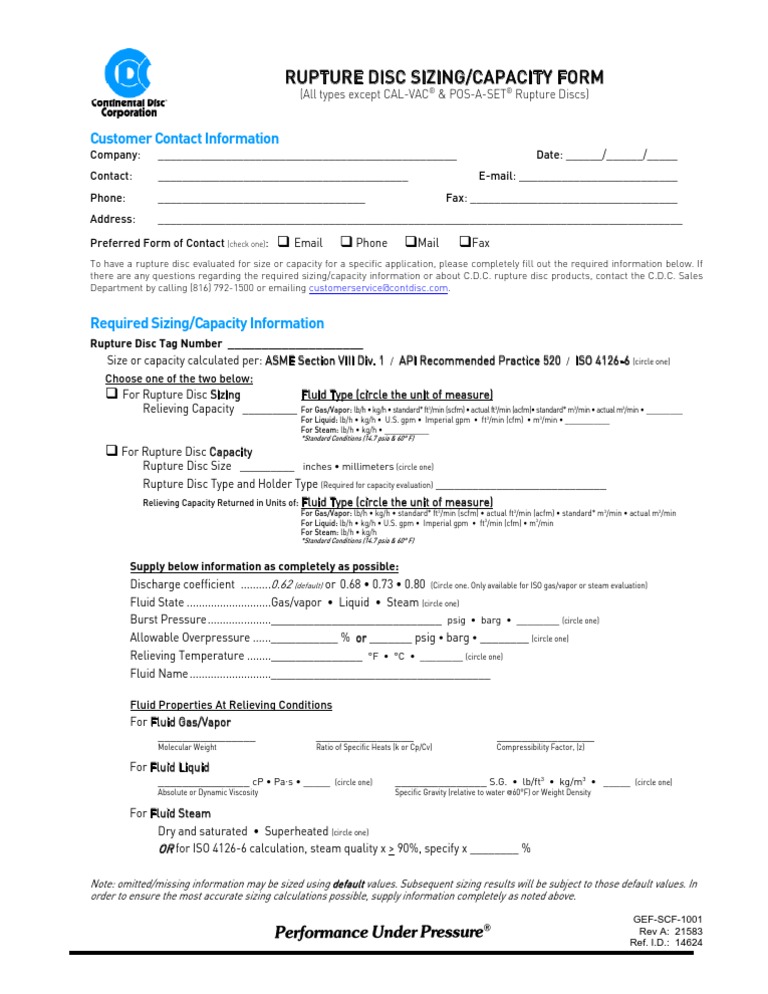 Rupture Disc Sizing Capacity Form | PDF | Technology & Engineering