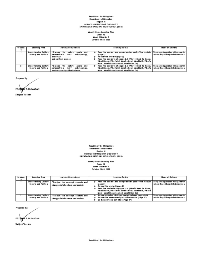 Weekly Home Learning Plan UCSP q1 and q2 | PDF | Socialization | Learning