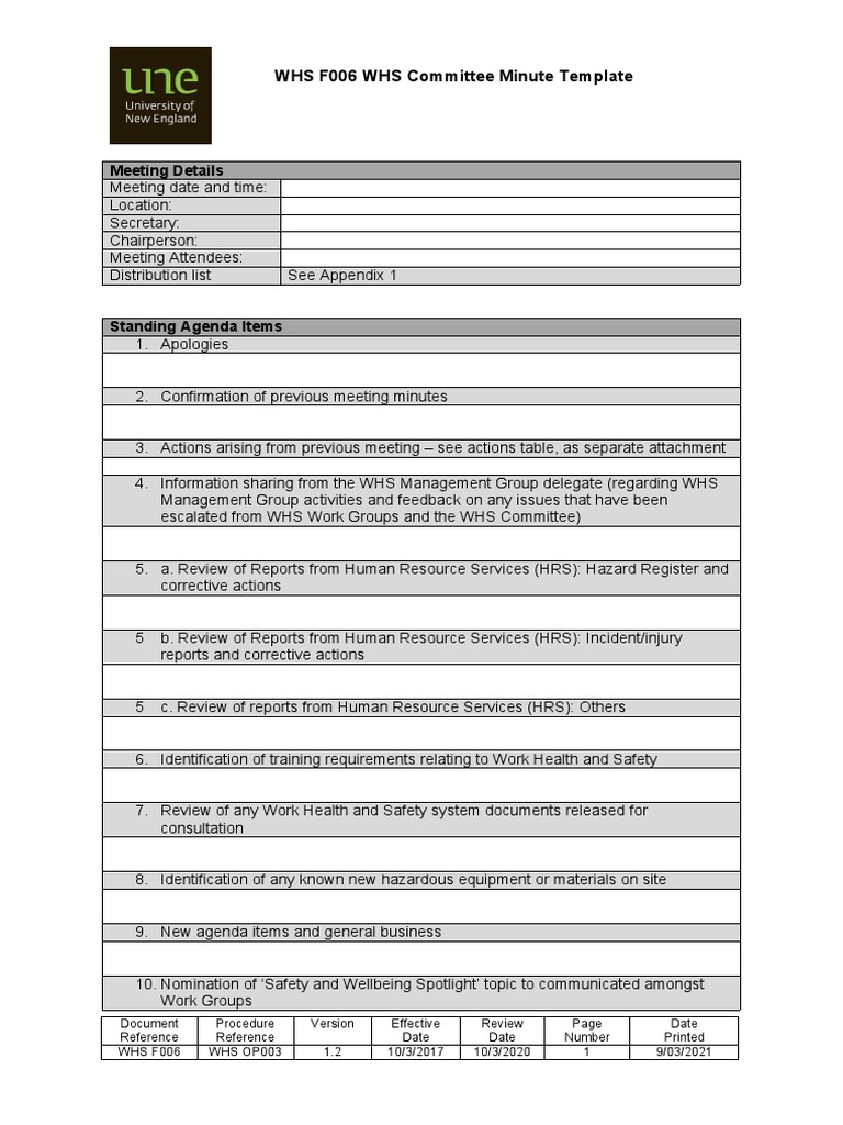 Whs f006 Whs Committee Minute Template | PDF | Human Resources | Business