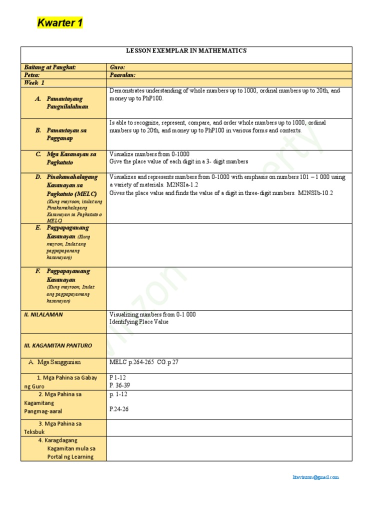 Lesson Exemplar in Math WK 1 | PDF