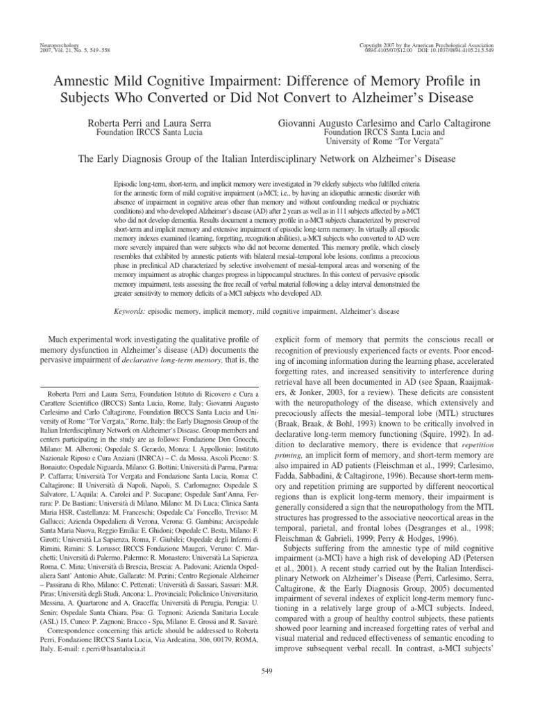 Amnestic Mild Cognitive Impairment | PDF | Recall (Memory) | Dementia