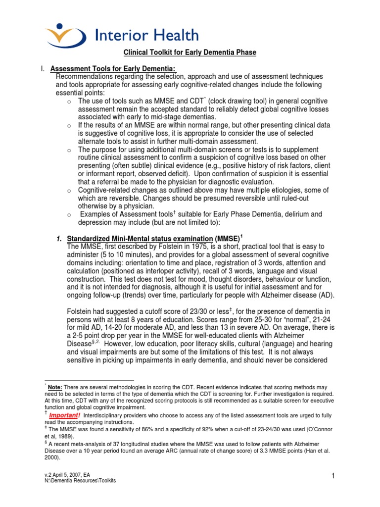 Clinical Toolkit For Early Dementia Phase: 1. Standardized Mini-Mental ...