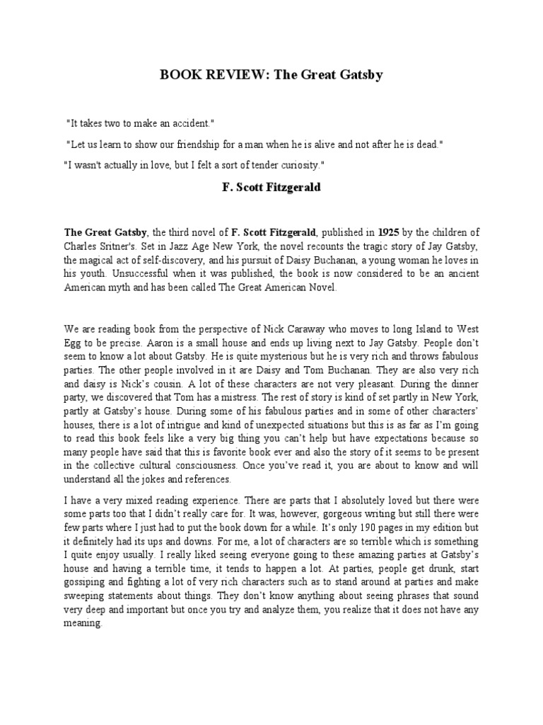 The Great Gatsby Book Review | PDF | The Great Gatsby | Novels