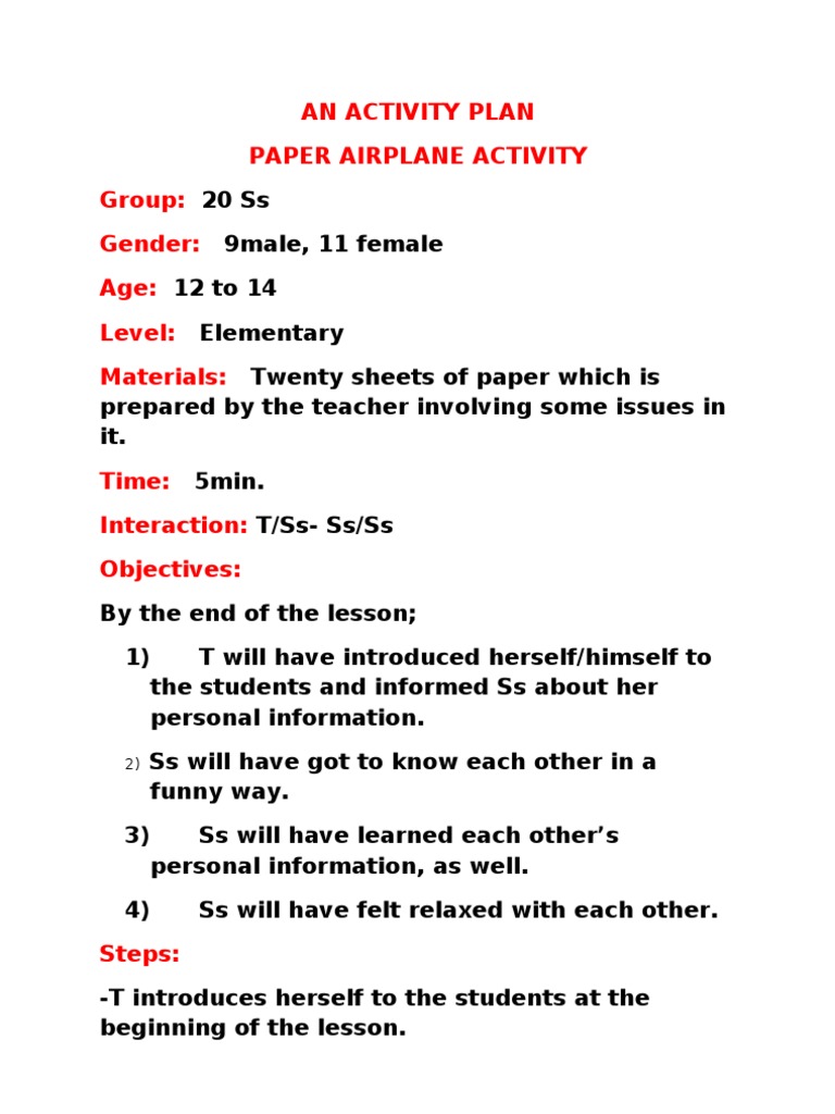 An Activity Plan / Paper Airplane Activity | PDF | Language Arts ...