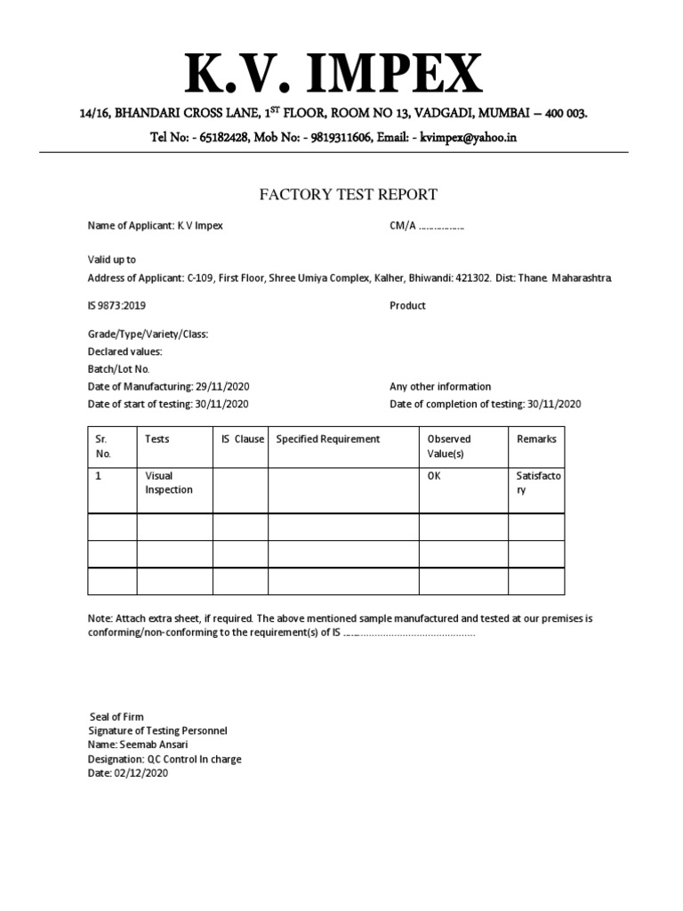 Factory Test Report | PDF