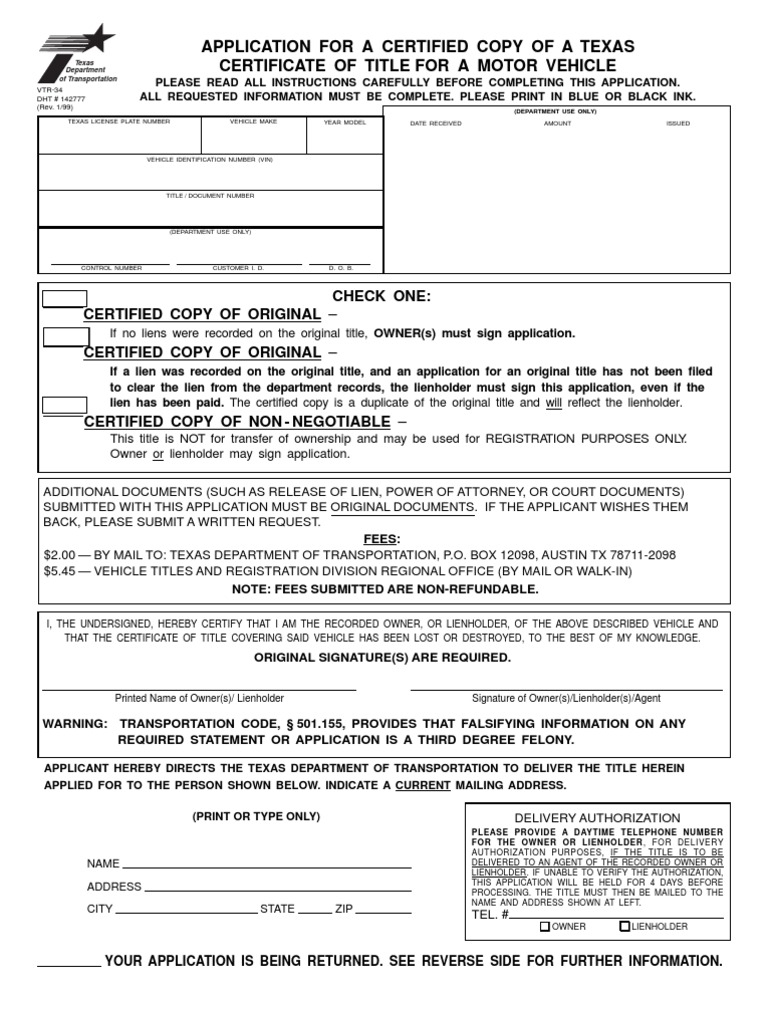 Texas Certificate of Title | PDF | Identity Document | Mail