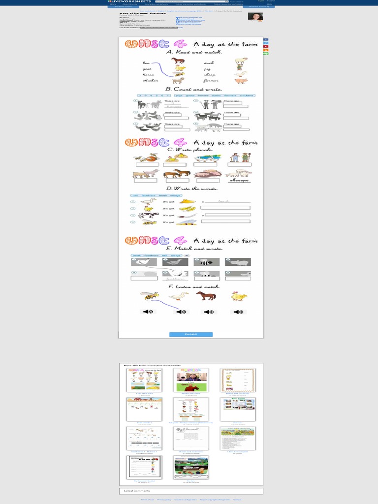 A Day at The Farm! Exercises Worksheet | PDF | Worksheet | English As A ...