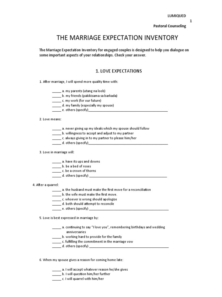 Marriage Expectation Inventory Guide | PDF | Wife | Marriage