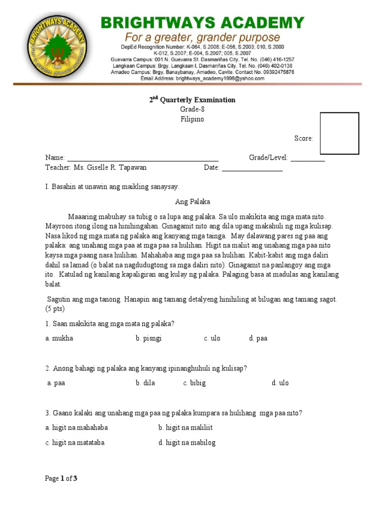 2nd Quarter Filipino 8 Exam | PDF