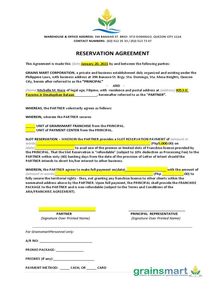 Reservation Agreement | PDF | Payments | Private Law