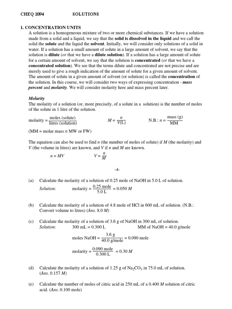 Concentration Units: Percent and Molarity. We Will Consider Molarity ...