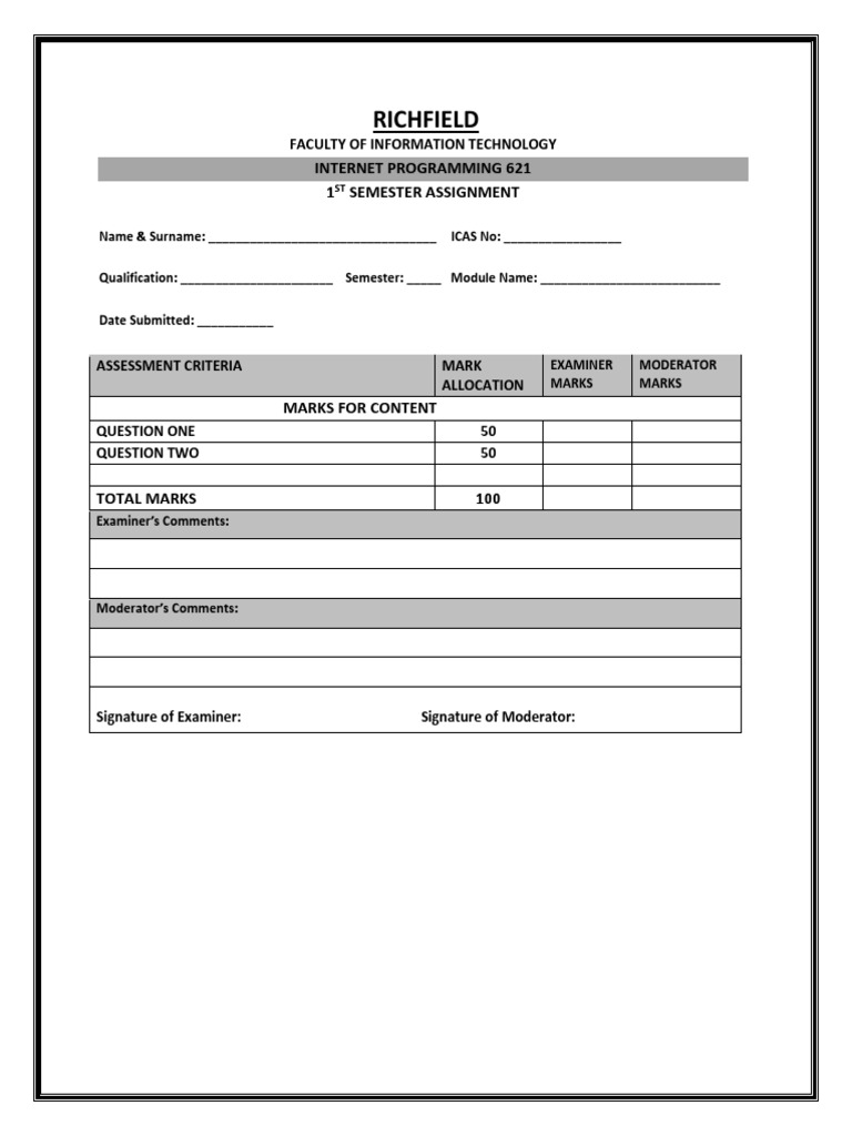 Richfield: Internet Programming 621 1 Semester Assignment | PDF ...