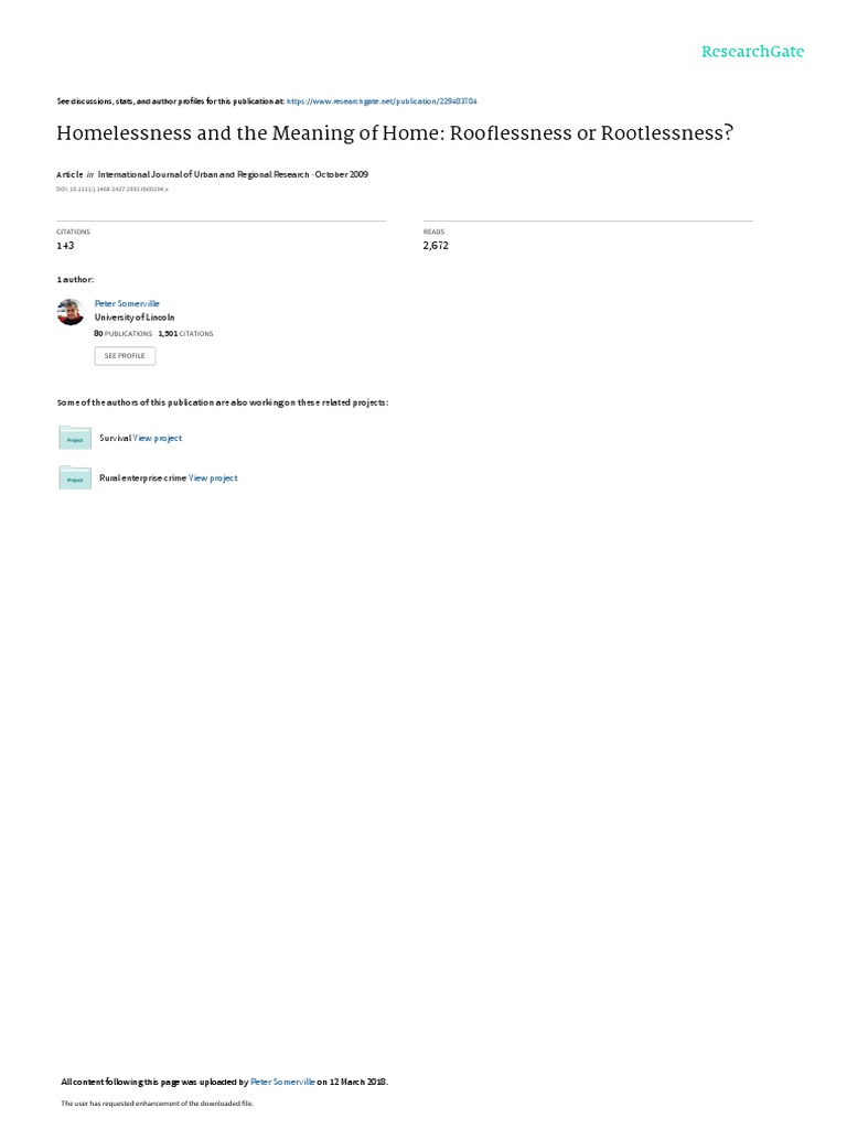 Homelessness and The Meaning of Home: Roo Essness or Rootlessness? | PDF