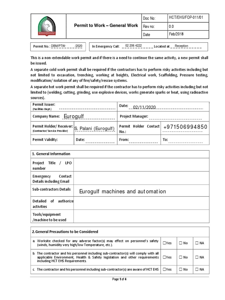 PTW General Work - 2020, Filled | PDF | Personal Protective Equipment ...