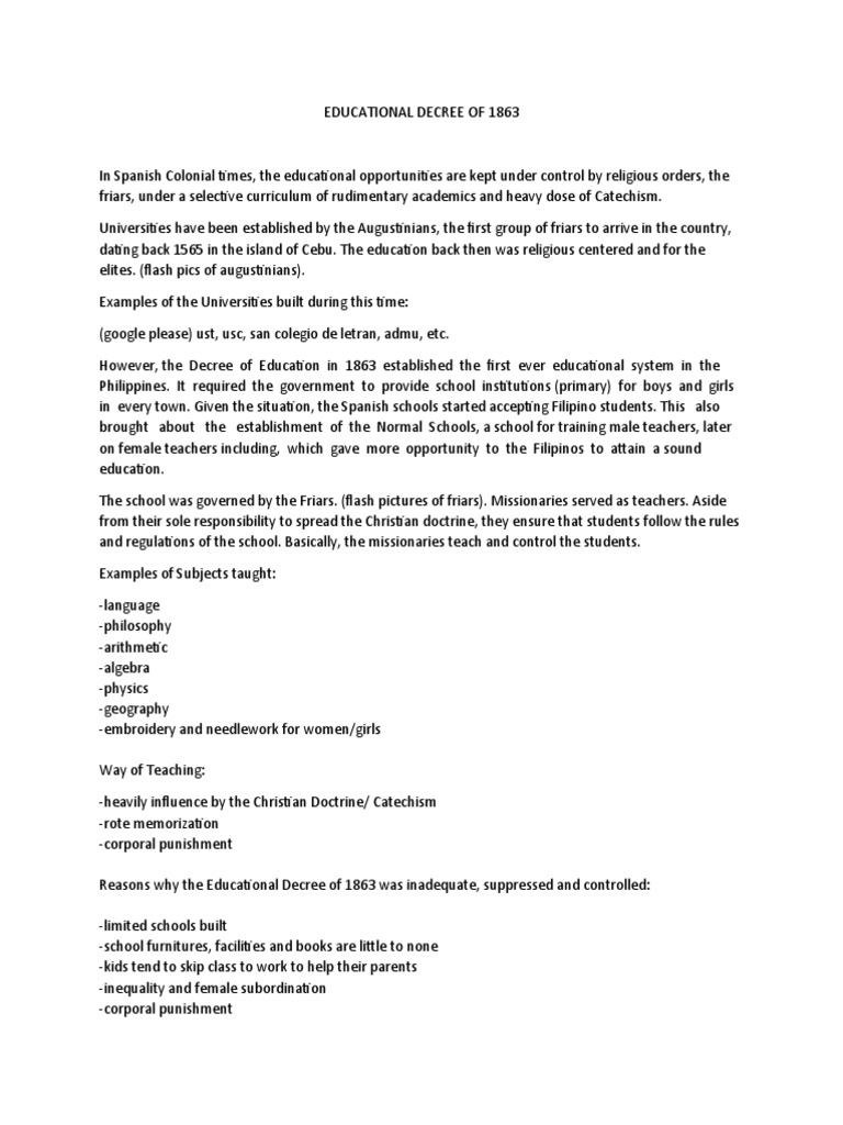 EDUCATIONAL DECREE OF 1861 PPP C.O Johann | PDF | Philippines | Spanish ...
