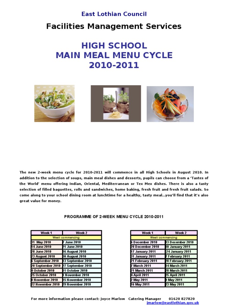 High School Main Meal Menu Cycle 2010-2011: Facilities Management ...
