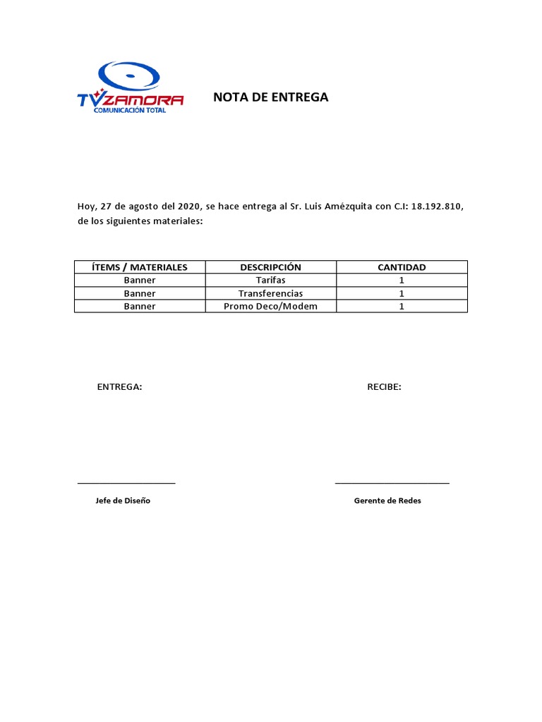 Ejemplo Nota de Entrega Materiales Word | PDF