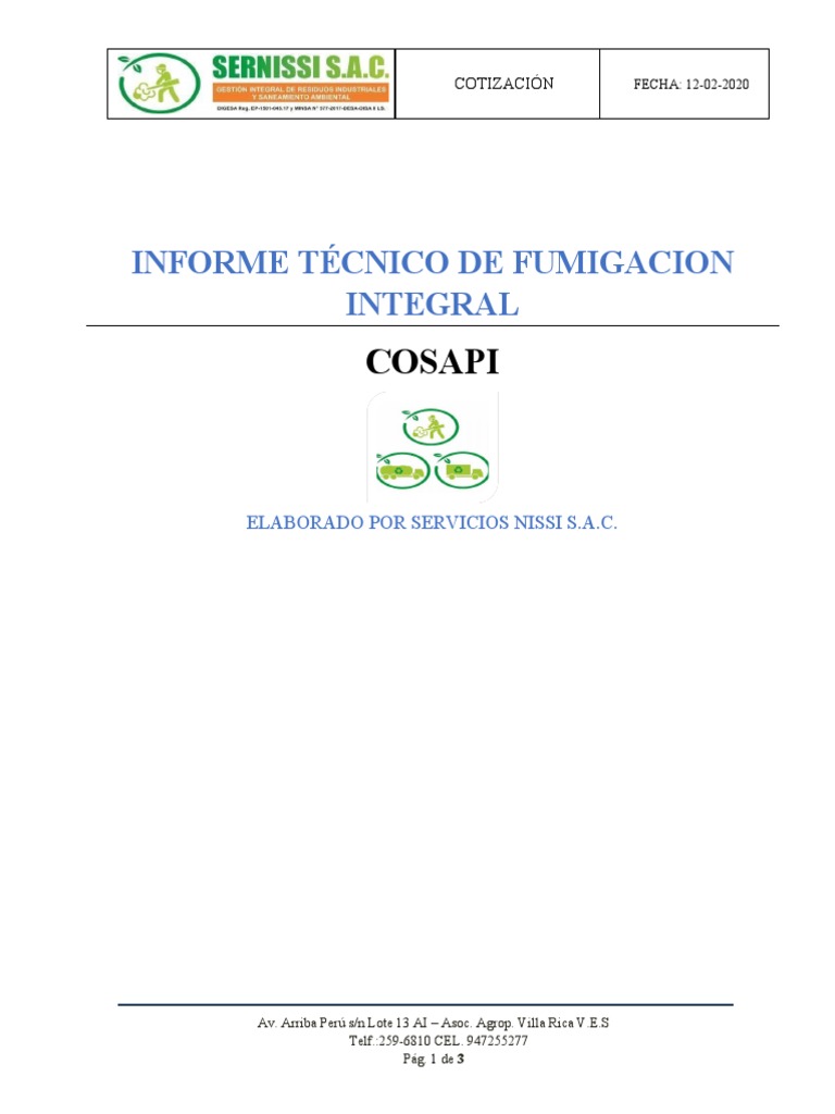 Informe Técnico de Fumigacion Integral - Cosapi-8-03-2020 | PDF | Saneamiento | Naturaleza