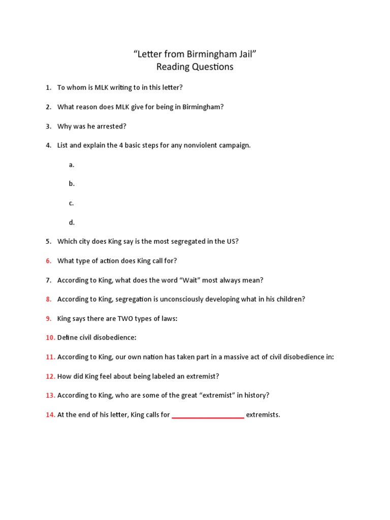 Letter From Birmingham Jail QUESTIONS | PDF