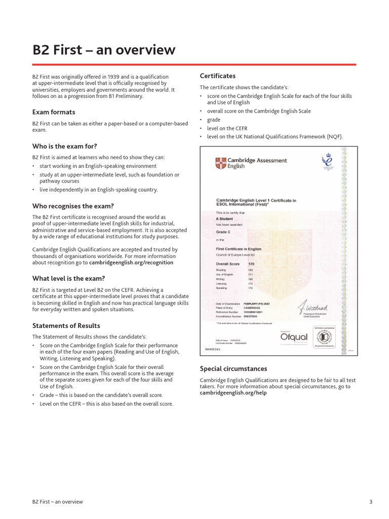 B2 First - An Overview: Certificates | PDF | Vocational Education | Tests