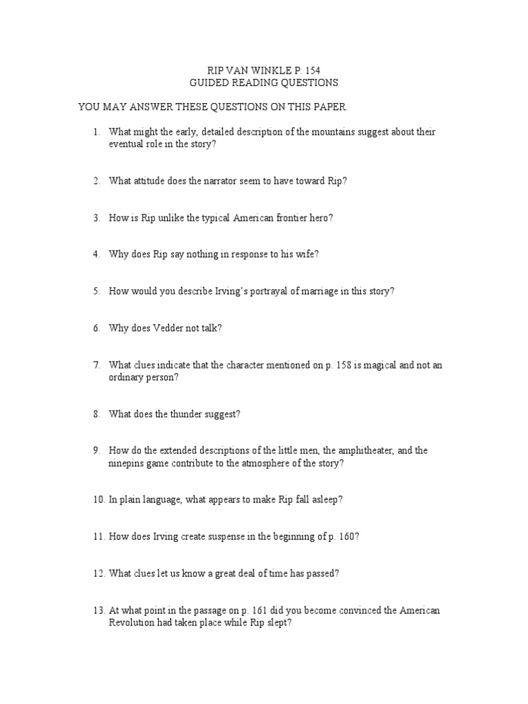 RIP VAN WINKLE Guided Reading Questions | PDF