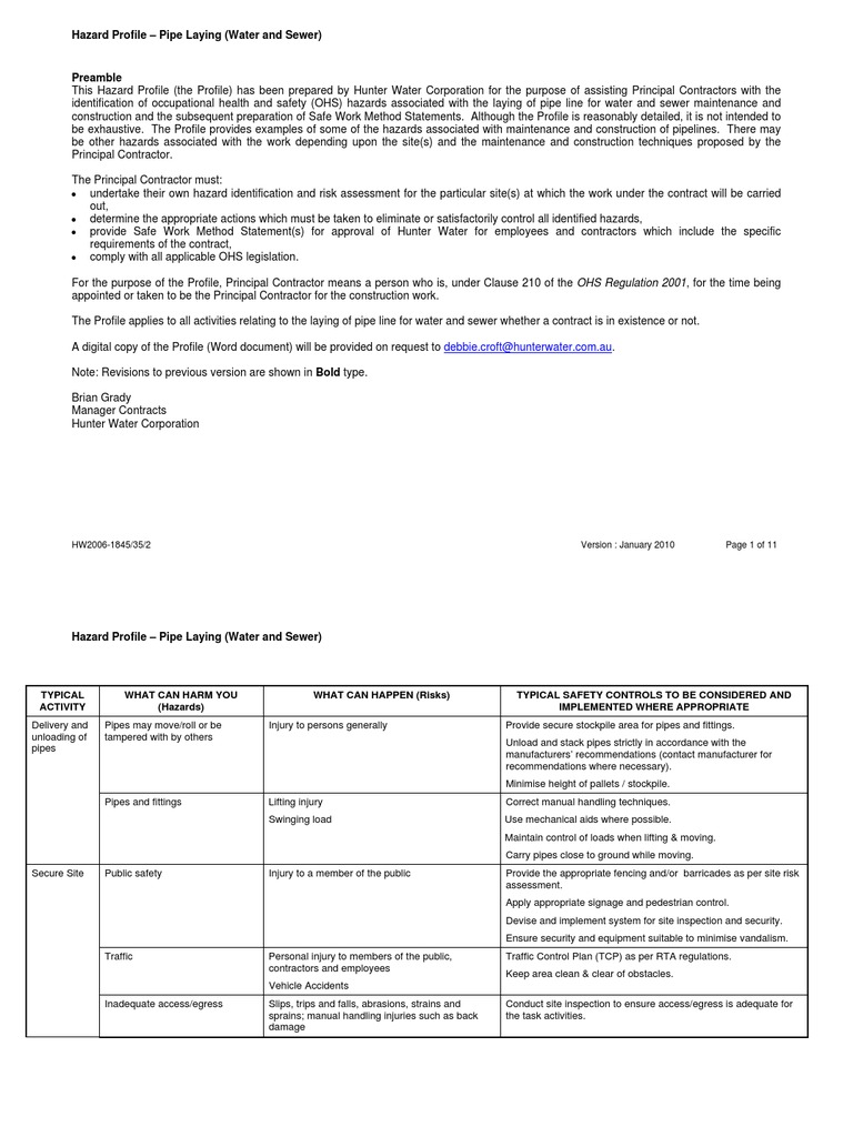 Hazard Profile Pipe Laying (Water Sewer) January 2010 | PDF ...