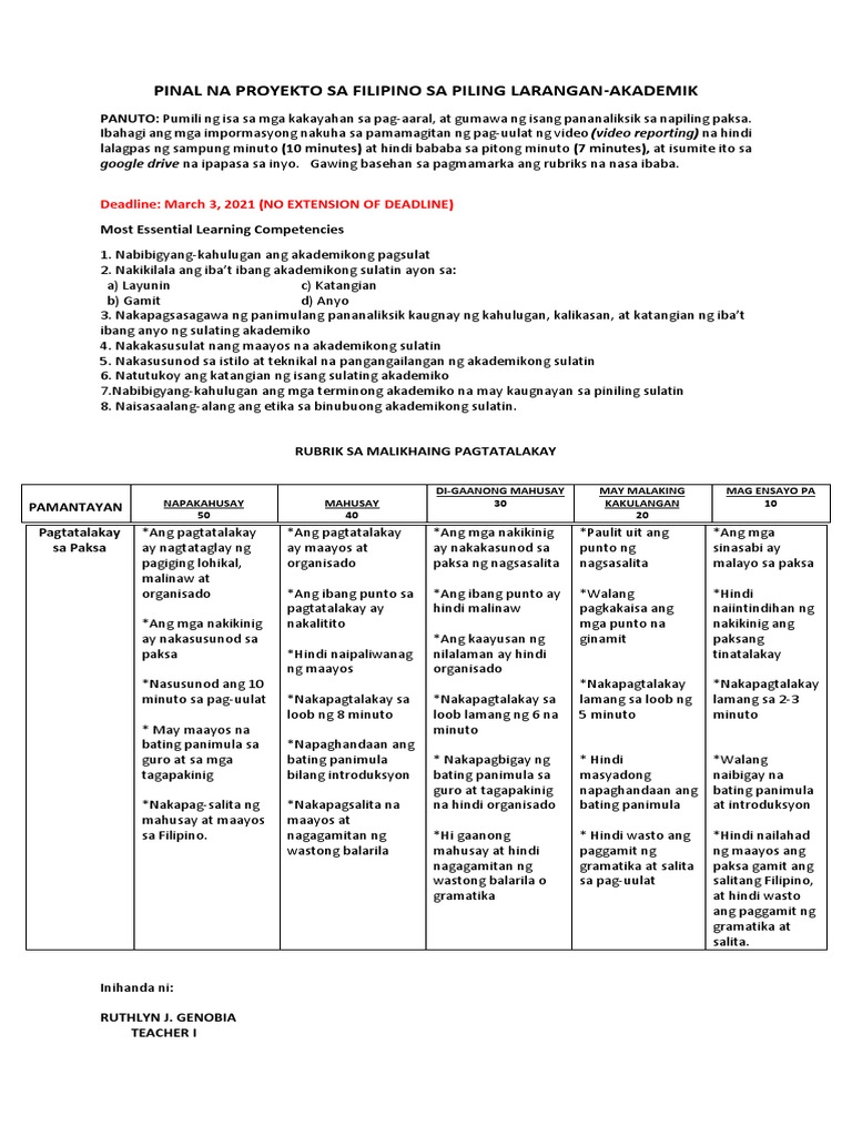 FINAL PROJECT in Filipino Akademik | PDF