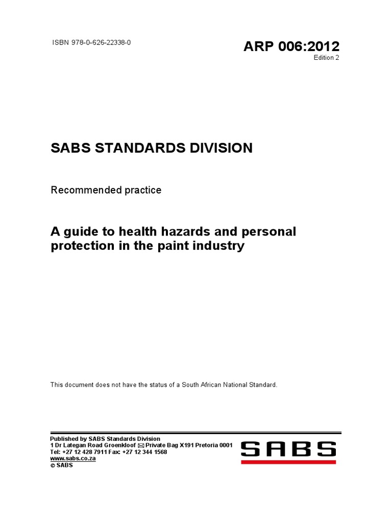 SABS ARP 006 - Recommended Practice - A Guide To Health Hazards and Personal Protection in The ...