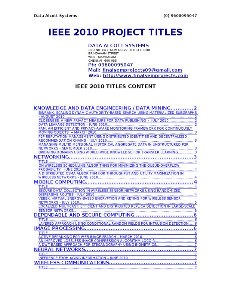 IEEE 2010 Project Titles List | PDF | Peer To Peer | Wireless Sensor ...