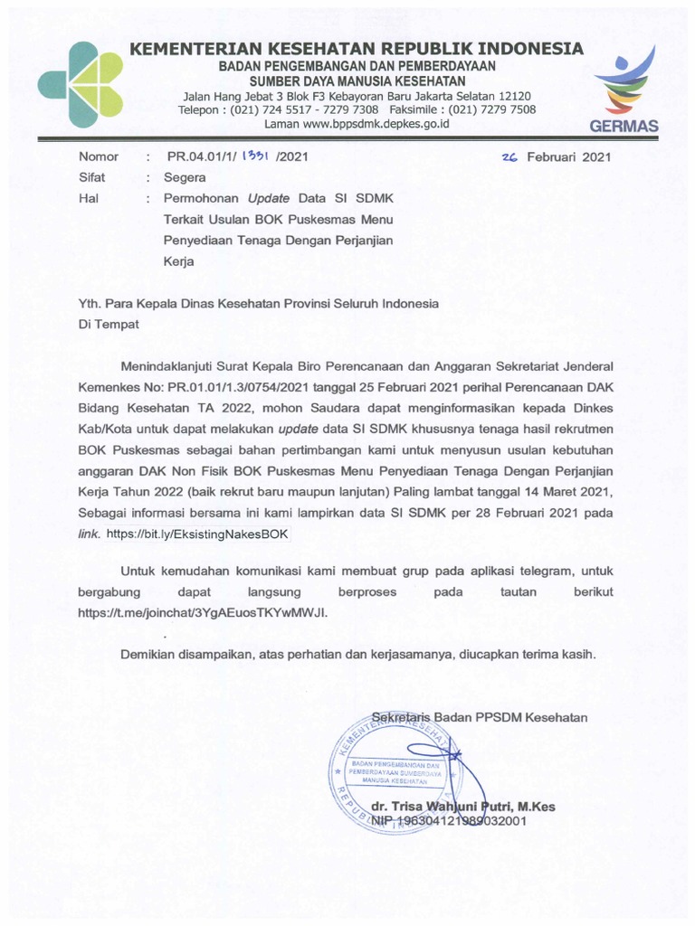 Permohonan Update Data SI SDMK Terkait Usulan BOK Puskesmas | PDF
