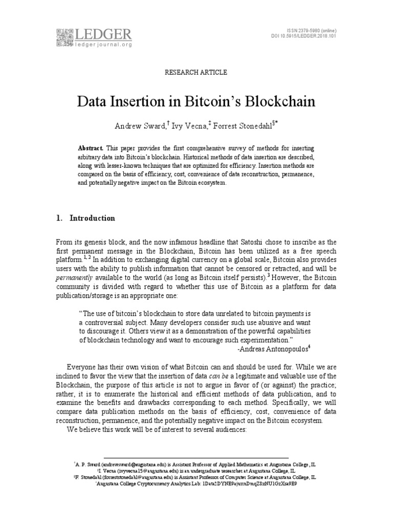 Data Insertion in Bitcoin's Blockchain: Andrew Sward, Ivy Vecna ...