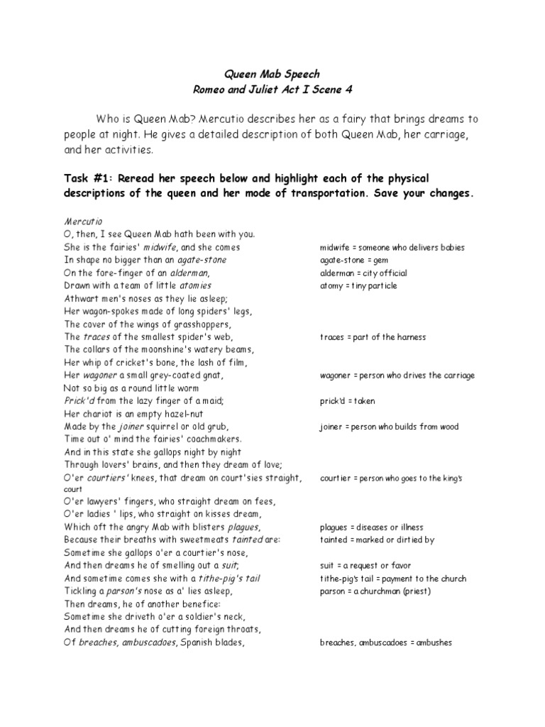 Queen Mab Speech Worksheet