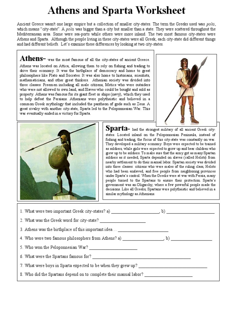 Athens and Sparta Worksheet | PDF | Ancient Greece | Sparta