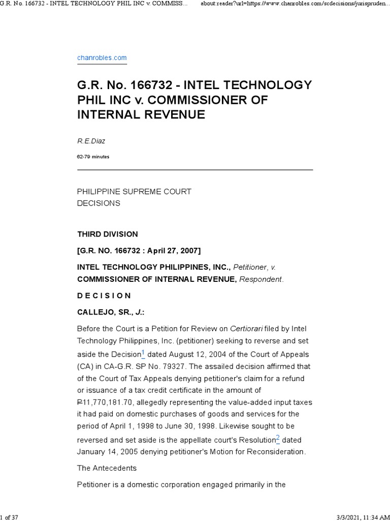 Intel Technology Philippines Inc. v. CIR (2007) | PDF | Invoice | Value ...
