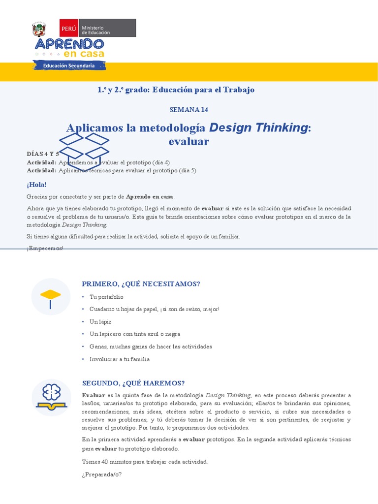 Aplicamos La Metodología Design Thinking Evaluar - S14-Sec-1-2-Guia-Ept-Dia-4-5 | PDF