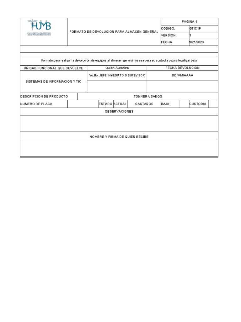 Gtic1f - Formato de Devolución A Almacen | PDF