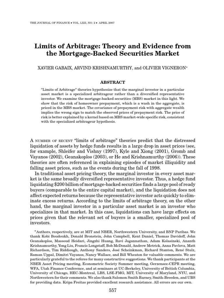 Limits of Arbitrage: Theory and Evidence From The Mortgage-Backed Securities Market | PDF ...