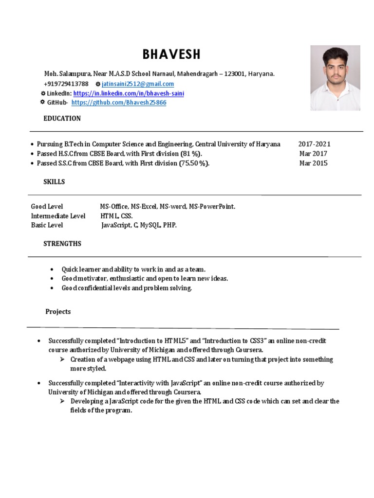 Bhavesh Resume | PDF | Computing | Further Education