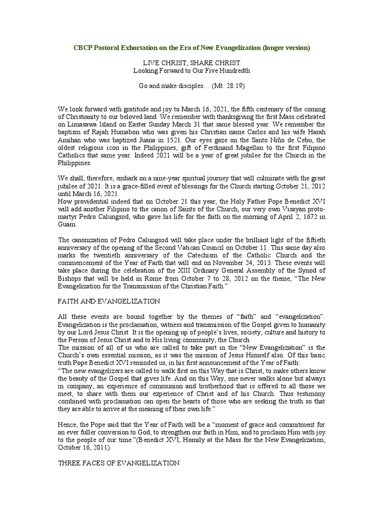 CBCP Pastoral Exhortation On The Era of New Evangelization | PDF ...