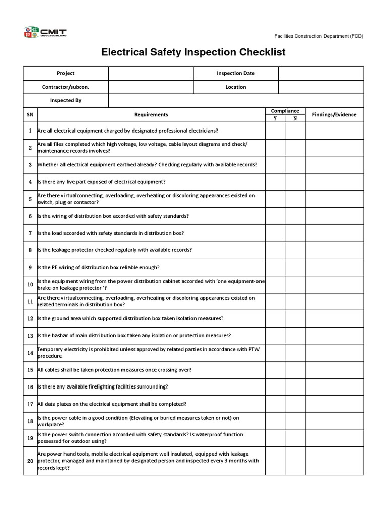 Electrical Safety Inspection Checklist PDF Electrical Wiring Electrician