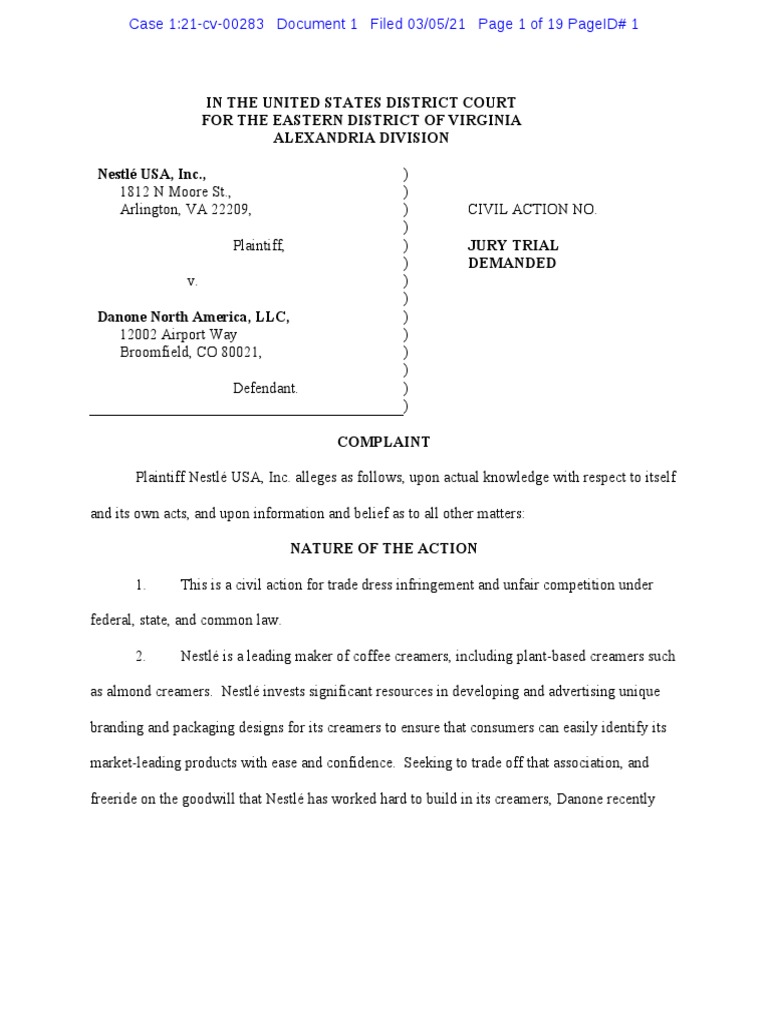 Nestle USA v. Danone - Complaint | PDF | Diversity Jurisdiction | Lawsuit