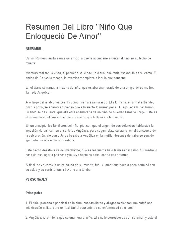Resumen Del Libro EL NIÑO QUE ENLOQUECIO DE AMOR | PDF | Amor