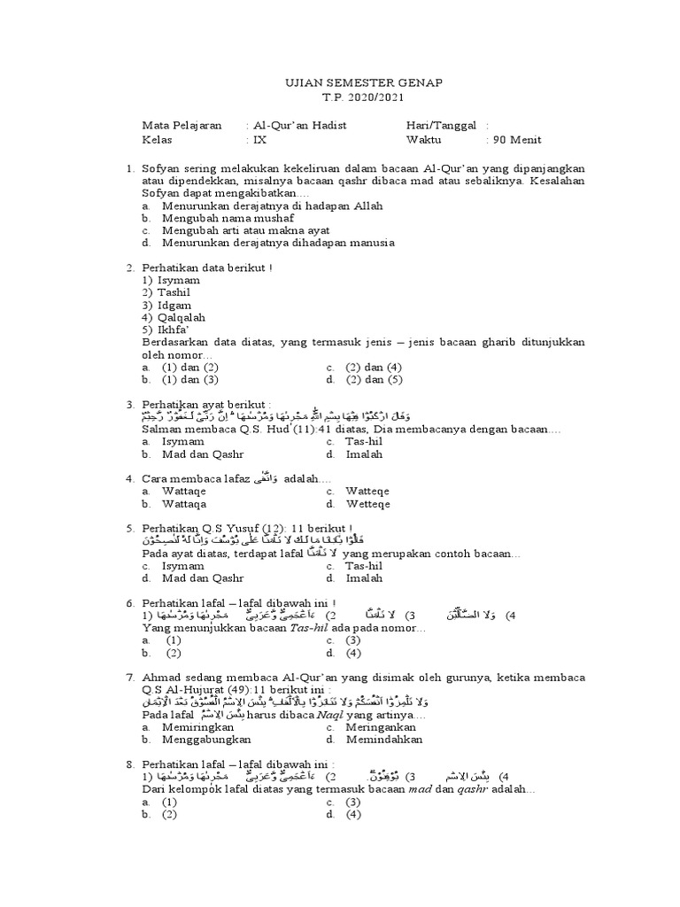 Soal Ujian Semester QH KLS Ix | PDF | Agama & Spiritualitas