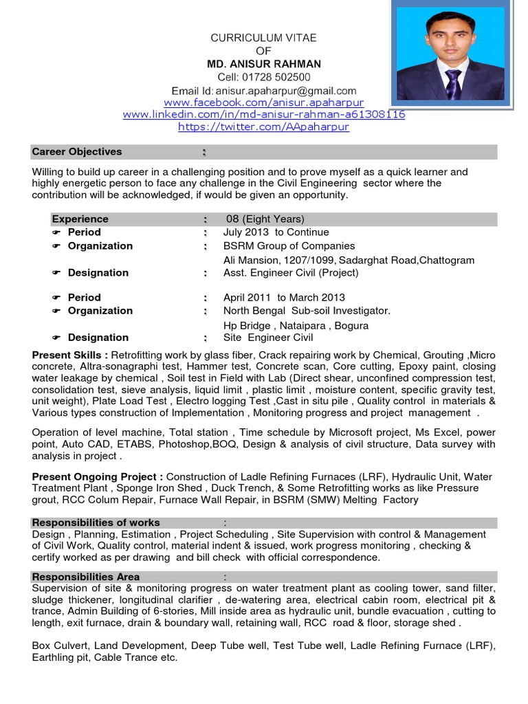 Civil Engineer Profile: Anisur Rahman | PDF | Concrete | Engineering