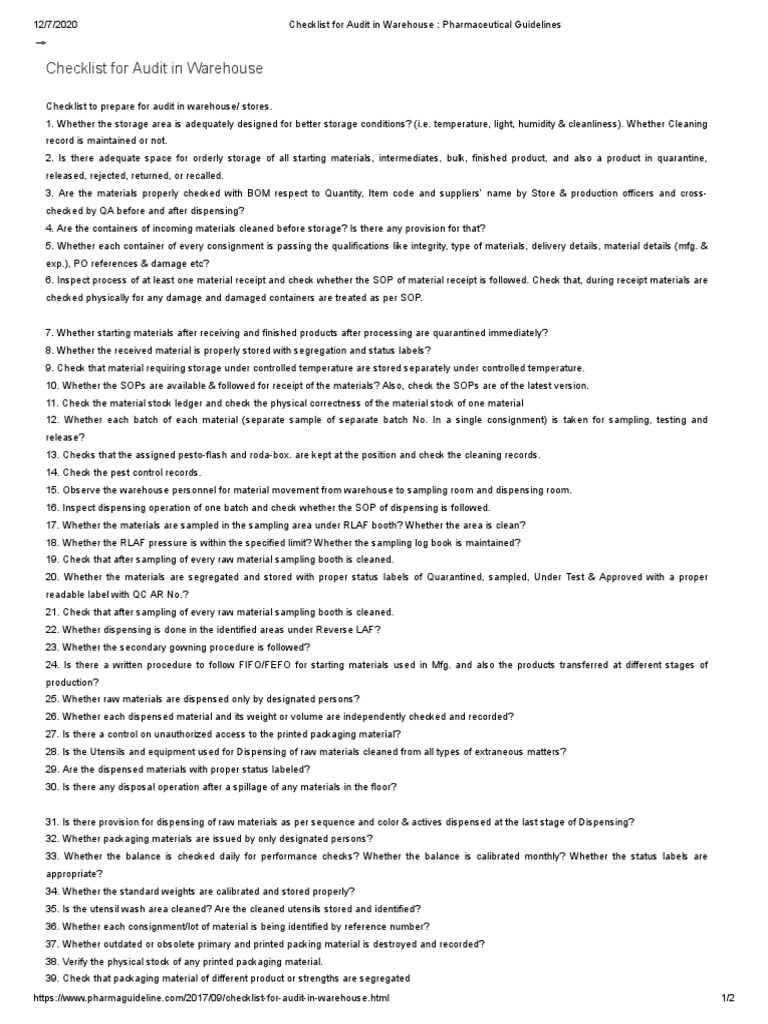 Checklist For Audit in Warehouse - Pharmaceutical Guidelines | PDF